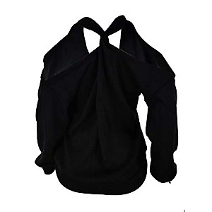 Women Sexy Cold Shoulder Long Sleeve Halter V Neck Loose Fit Knitted Sweater Pullover Tops L Black
