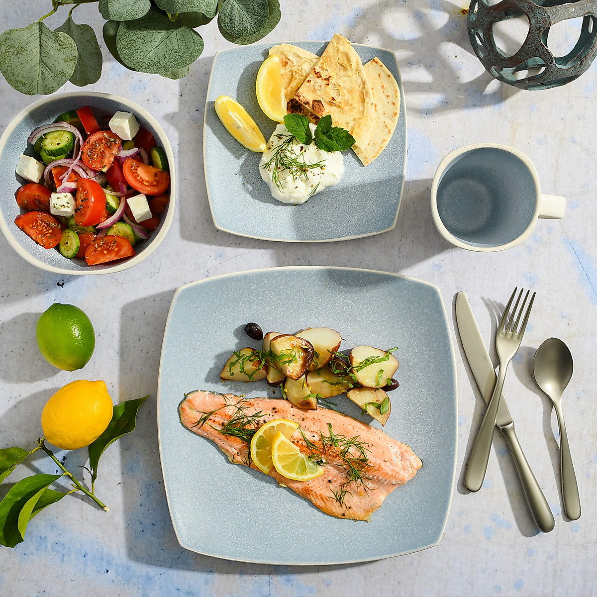 Gibson Soho Lounge Square Reactive Glaze Stoneware Dinnerware Set, Service for 4 (16pc), Aqua Blue