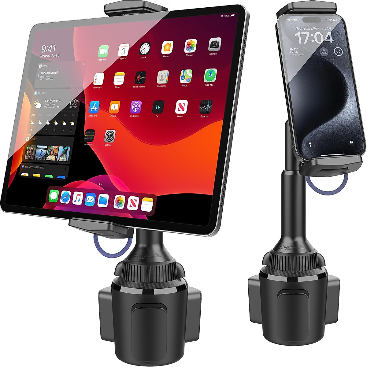 APPS2Car Solid Cup Holder Tablet Mount for Car, Adjustable Height iPad Car Mount for Truck Low Profile Road Trip Essentials Compatible with 4.7-13" iPad Pro Air Mini, Fire, iPhone, Cell Phone - Black