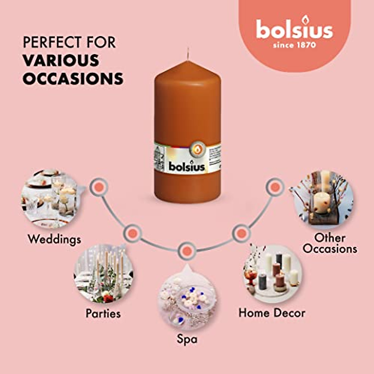 BOLSIUS 4 Orange Pillar Candles - 3x6 Inches - Individually Wrapped - Premium European Quality - 65 Burn Hours - Dripless & Smokeless Smooth Flame - Unscented Dinner, Wedding, Party, & Décor Candles