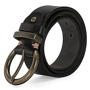 wolksprong Women's 1.5" Wide Leather Belt with Large Brass Buckle - Trendy Vintage Style for Jeans and Pants