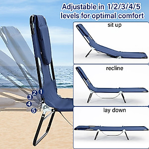 Beeveer 4 Pack Folding Beach Lounger Sunbathing Chair Heavy Duty Tanning Chair with Face Hole Adjustable 5 Position Folding Chairs, Backpack Straps, for Patio Pool Lawn Deck (Navy Blue, Black)