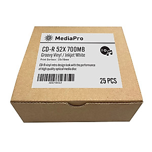 MediaPro Blank CD - Professional Grade Vinyl CD-R with White Inkjet Printable Center and Black Recording Surface - 25 Pack