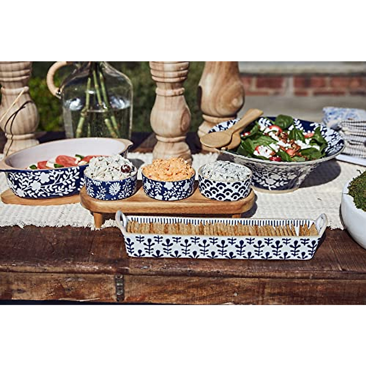 Mud Pie Indigo Dip Bowl Wood Foot Board, Blue, bowl 2" x 4" dia | stand 5" x 16"