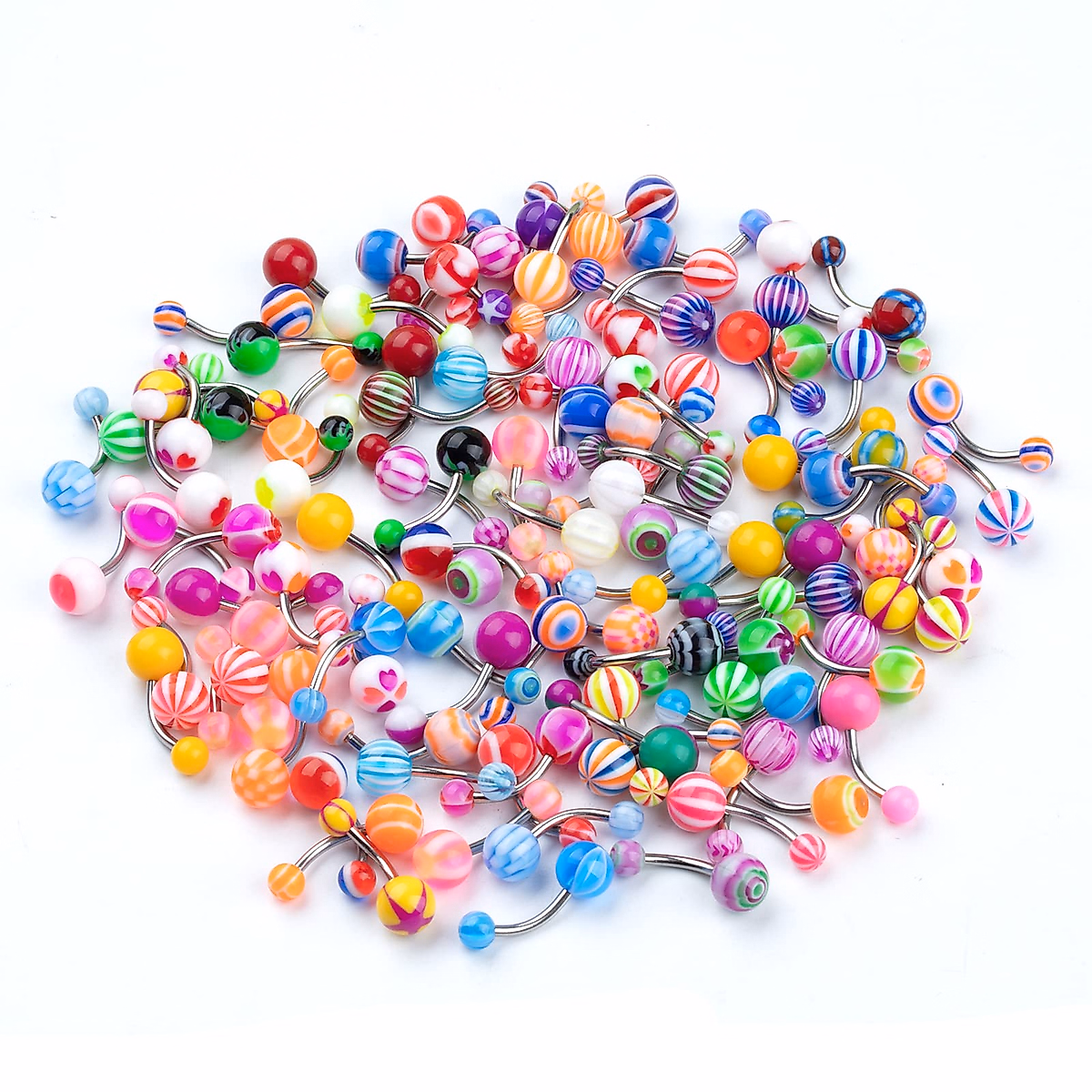 CABBE 100pcs Tongue Rings Surgical Stainless Steel Assorted Candy Pattern Bulk 14G Stright Barbells for Men Women Body Piercing Jewelry