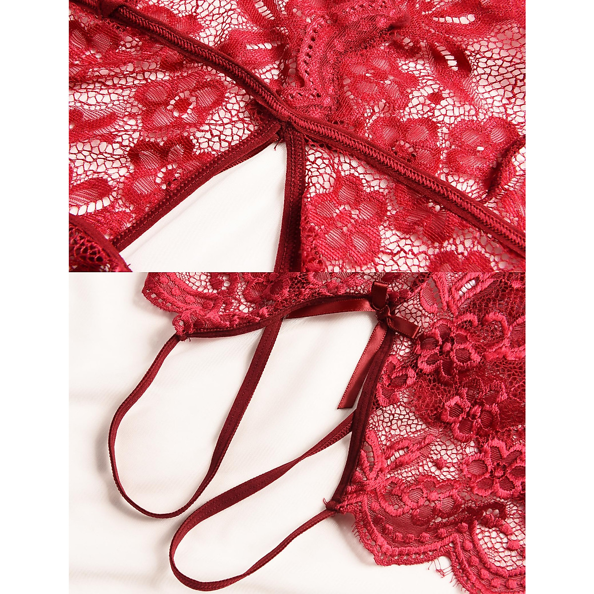 Ababoon Women One Piece Lingerie Lace Sexy Baby Dolls Teddy Sleepwear (Wine Red, L)