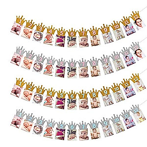 Symphony Birthday Photo Banner, 1st Birthday Baby Photo Banner Newborn to 12 Months Birthday Party Decor (Crown Golden Pink)