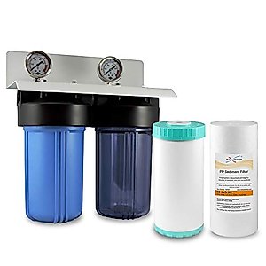 Max Water 2 Stage (Sediment, Odor & Improving Taste) Whole House (10 inch x 4.5 inch), Water Filtration System with Double O Ring Housing - Sediment + GAC - 1" NPTF Brass Port Inlet