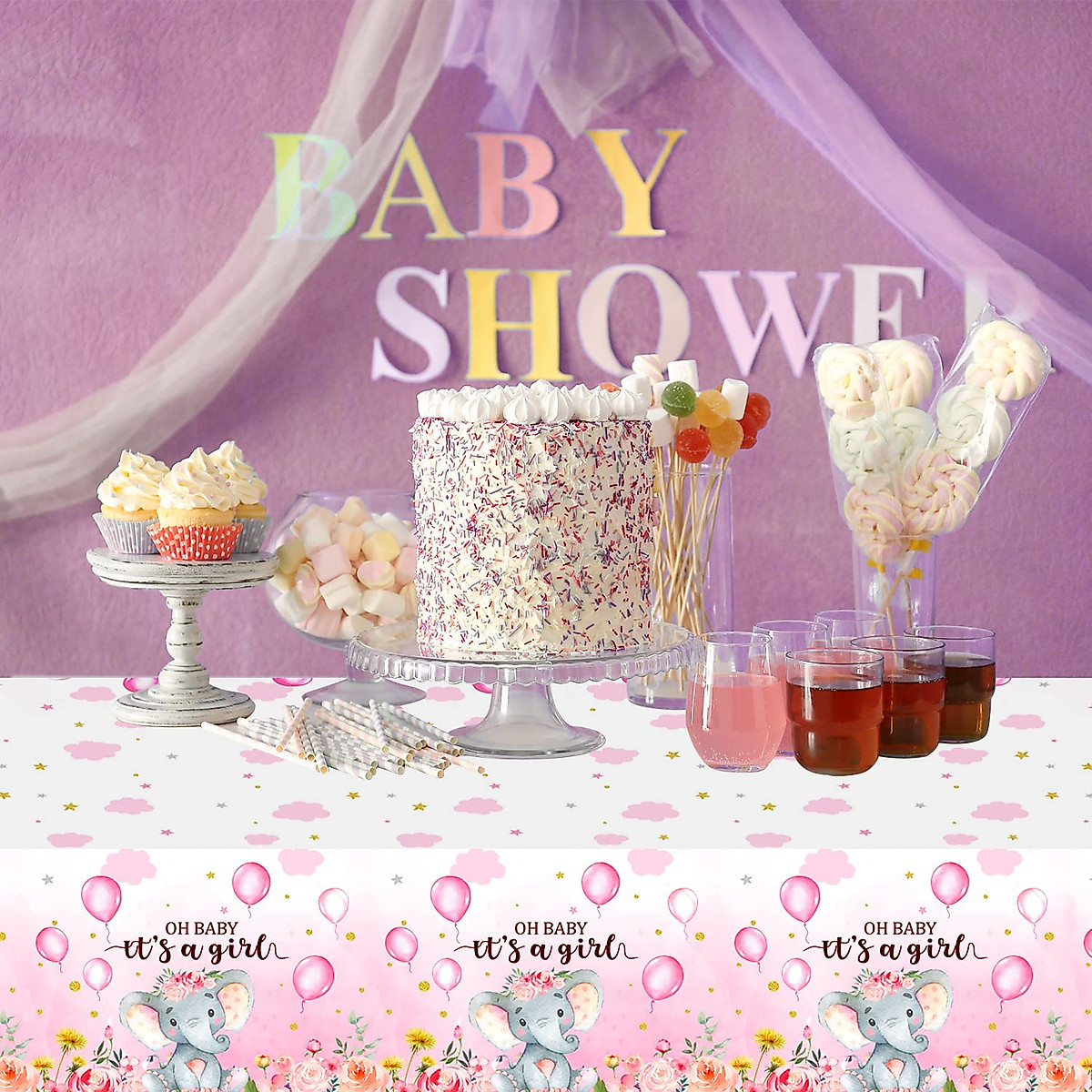 6 Pack Elephant Baby Shower Tablecloth Decorations, Elephant Baby Shower Decorations, Plastic Tablecloth Table Cover Backdrop for Baby Boy Girl Gender Baby Shower Party Supplies, 54 x 108 Inch, Pink