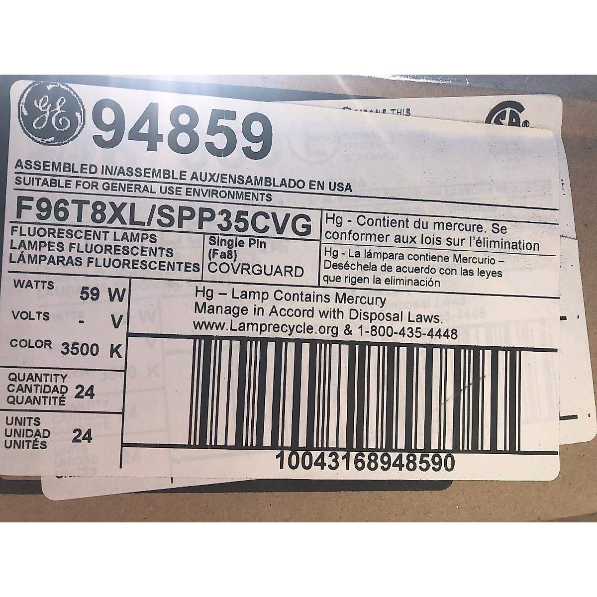 24 Pieces GE 94859 F96T8XL/SPP35CVG 59W 3500K Single Pin Fa8 Coverguard Lamp