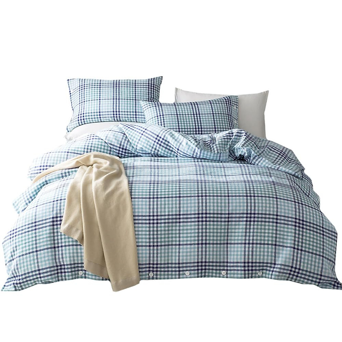 Merryfeel Linen Duvet Cover Set King,100% French Linen Yarn Dyed Check Duvet Cover Set, Luxurious Bedding for All Season - King - Yarn Dyed Check