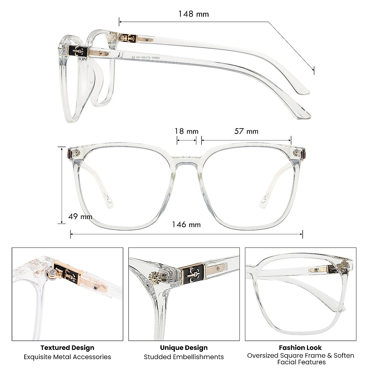 GUDVUE Oversized Blue Light Glasses, Computer Reading/Gaming/Phones Glasses, Anti Glare/UV400/Eye Strain, Large Square Frame, Clear