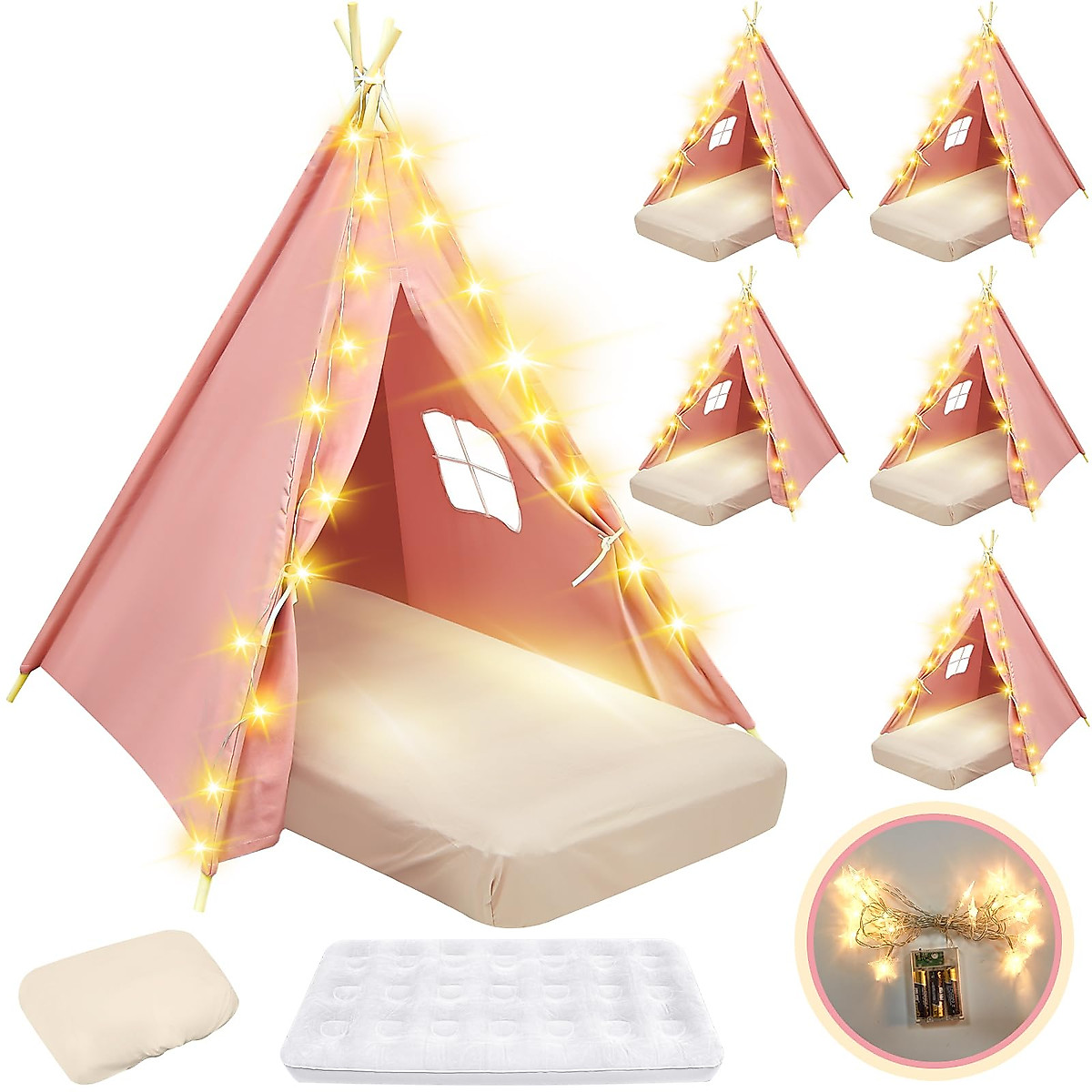 Windyun 6 Pack Kids Teepee Tent Bulk with Light String & Inflatable Airbed & Bedding Fitted Sheet, Natural Cotton Toddler Play Tent Washable Foldable Tent for Girls Boys Indoor Outdoor (Pink)