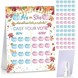 Poen Thanksgiving Gender Reveal Board with Stand What Will Our Little Pumpkin Be Maple Leaf Gender Reveal Game with 60 Pcs Fall Pumpkin Voting Stickers for Cast Your Vote Guess Game Autumn Baby Shower