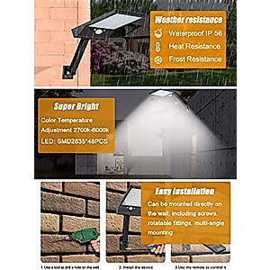 Adowan LED Solar Outdoor Lights with Motion Sensor, 3 Lighting Modes Flood Lights with Remote Control, Waterproof Night Security Light for Garage Garden Street Shed Yard (2 Pack)