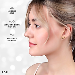 PORI JEWELERS 14K Solid Gold Ball Stud Earrings (3-Pair-Pack) 3MM 4MM and 5MM… Choose a Color (Yellow)