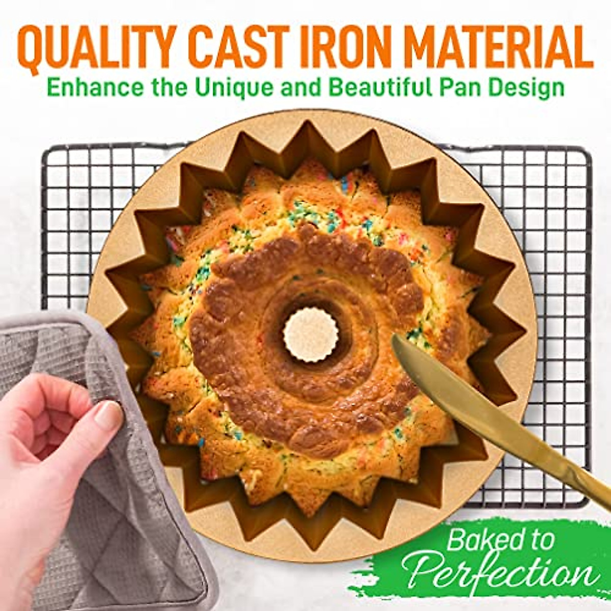 NutriChef 9-Inch Cake Pan - Thick and Heavy Cast Aluminum Bakeware Cake Mold with 2 Layers of Nonstick Coating - Fluted Lines Design for Uniform Baking Up To 500 Degrees - Easy to Clean, Gold