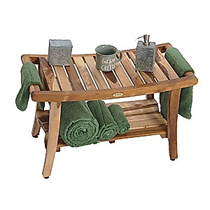 EcoDecors Harmony Teak Shower Bench 30" Long Natural Wood Shower Bench with Shelf and LiftAide Arms Shower Stool in Earthy Teak Finish for Indoors and Outdoors