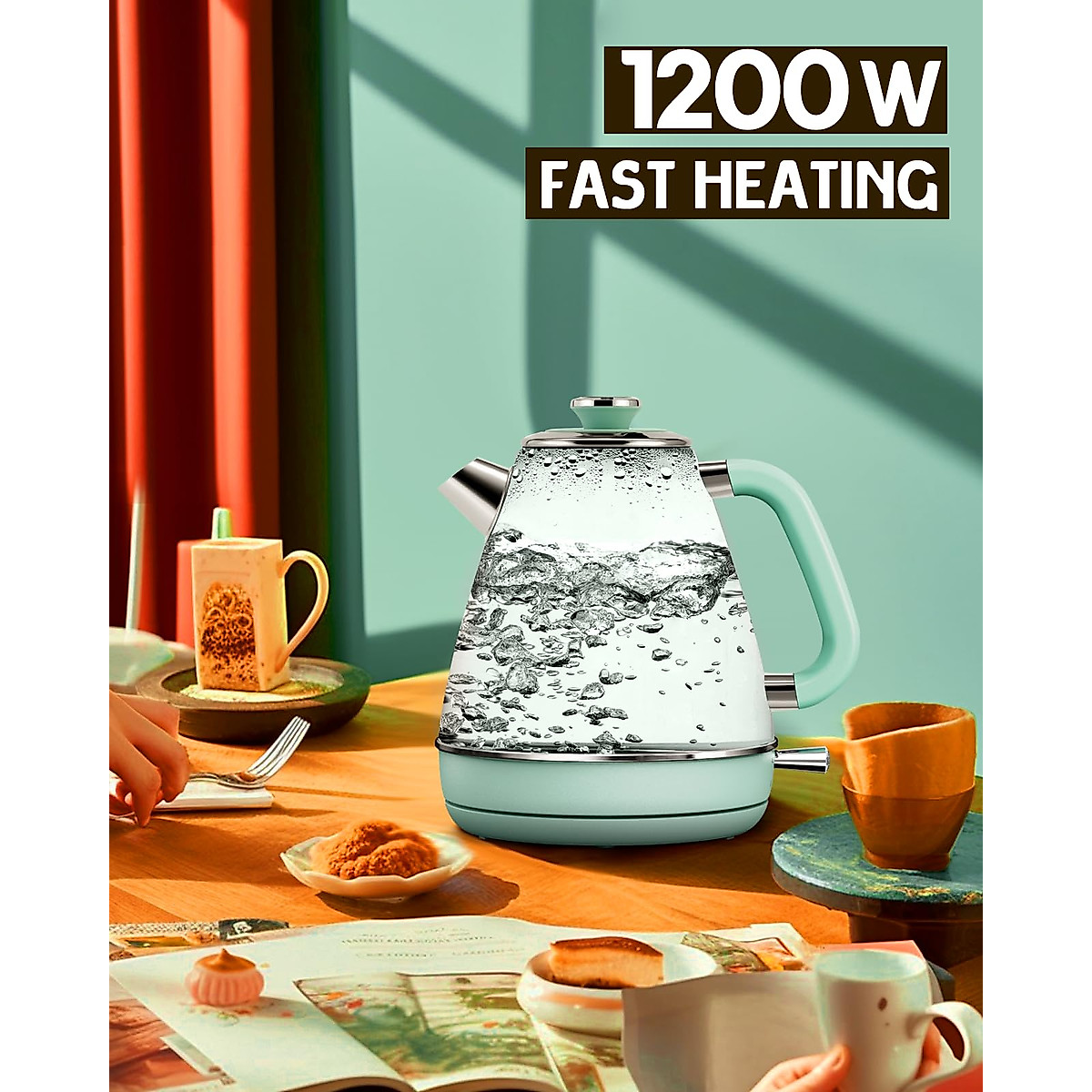 Hazel Quinn 1.7L Electric Kettle with Thermometer, Stainless Steel, 1200W Fast Boil, BPA-free, Cordless, Auto Shut Off - Mint Green