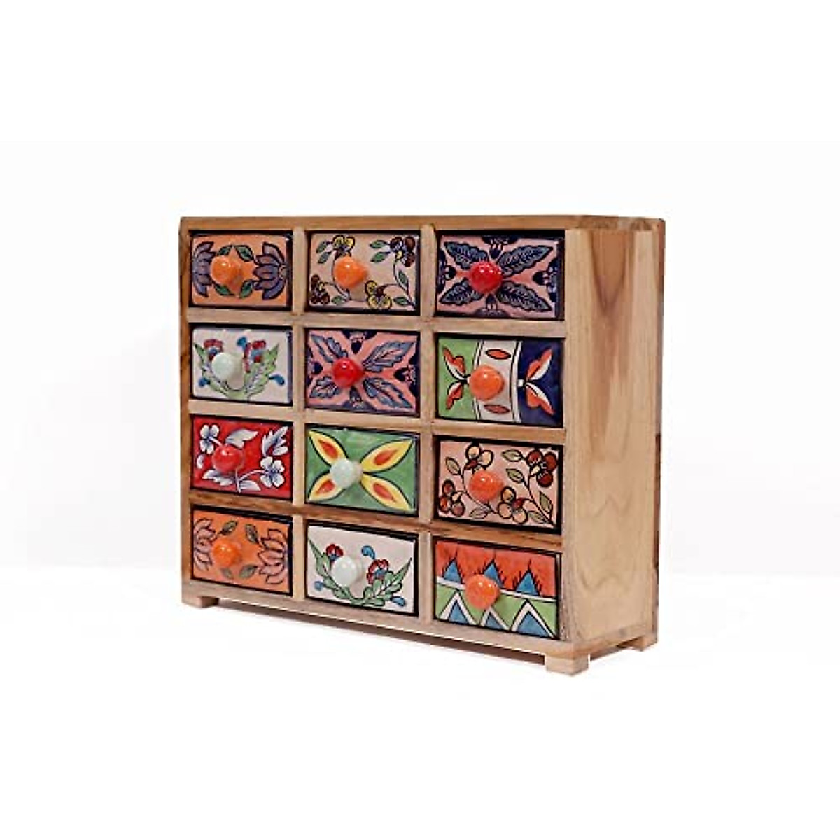 Tyagi-Export -Multipurpose 12 drawer ceramic organizer storage chest of drawers -Teak wood Unique Pottery Fancy Wooden Drawer Box Drawers jewellery organizer,for bedroom living room 14 x 4.5 x 12 Inch