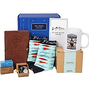 Fishing Gifts for Men Unique - Fathers Day Fishing Gifts for Dad - Best Gifts for A Fisherman Men Gift Box ; Fishing Log Book Fishing Mug Keychain Soap Socks