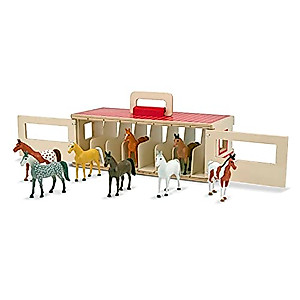 Melissa & Doug Take-Along Show-Horse Stable With Wooden Box and 8 Toy, Barn Play Set, Portable, Toys For Kids Ages 3+