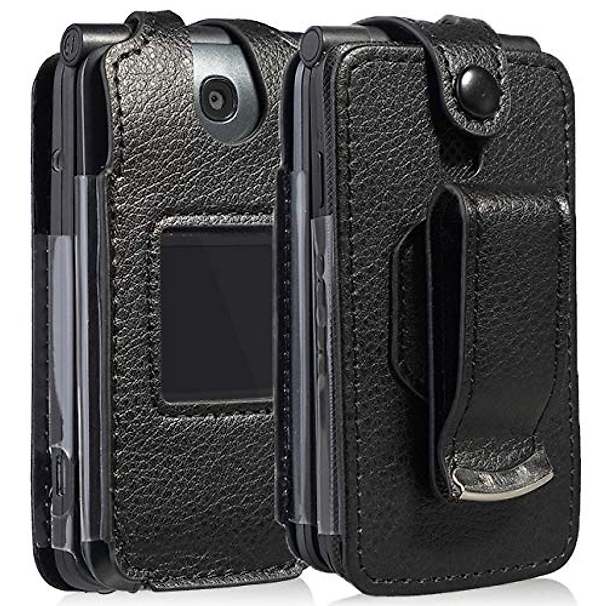 Case for Go Flip Phone, Nakedcellphone [Black Vegan Leather] Form-Fit Cover with [Built-in Screen Protection] and [Metal Belt Clip] for Alcatel Go Flip V, MyFlip, QuickFlip, AT&T Cingular Flip 2