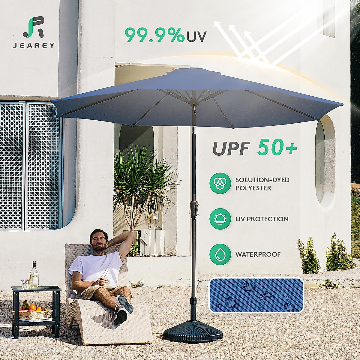 JEAREY 9FT Outdoor Patio Umbrella Outdoor Table Umbrella with Push Button Tilt and Crank, Market Umbrella 8 Sturdy Ribs UV Protection Waterproof for Garden, Deck, Backyard, Pool (Dark Blue)