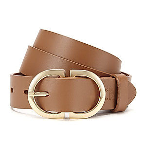 CR Womens Brown Leather Belts for Jeans Pants - 1.3" Width Casual Ladies Tan Belt - Fashion Center Bar Gold Buckle