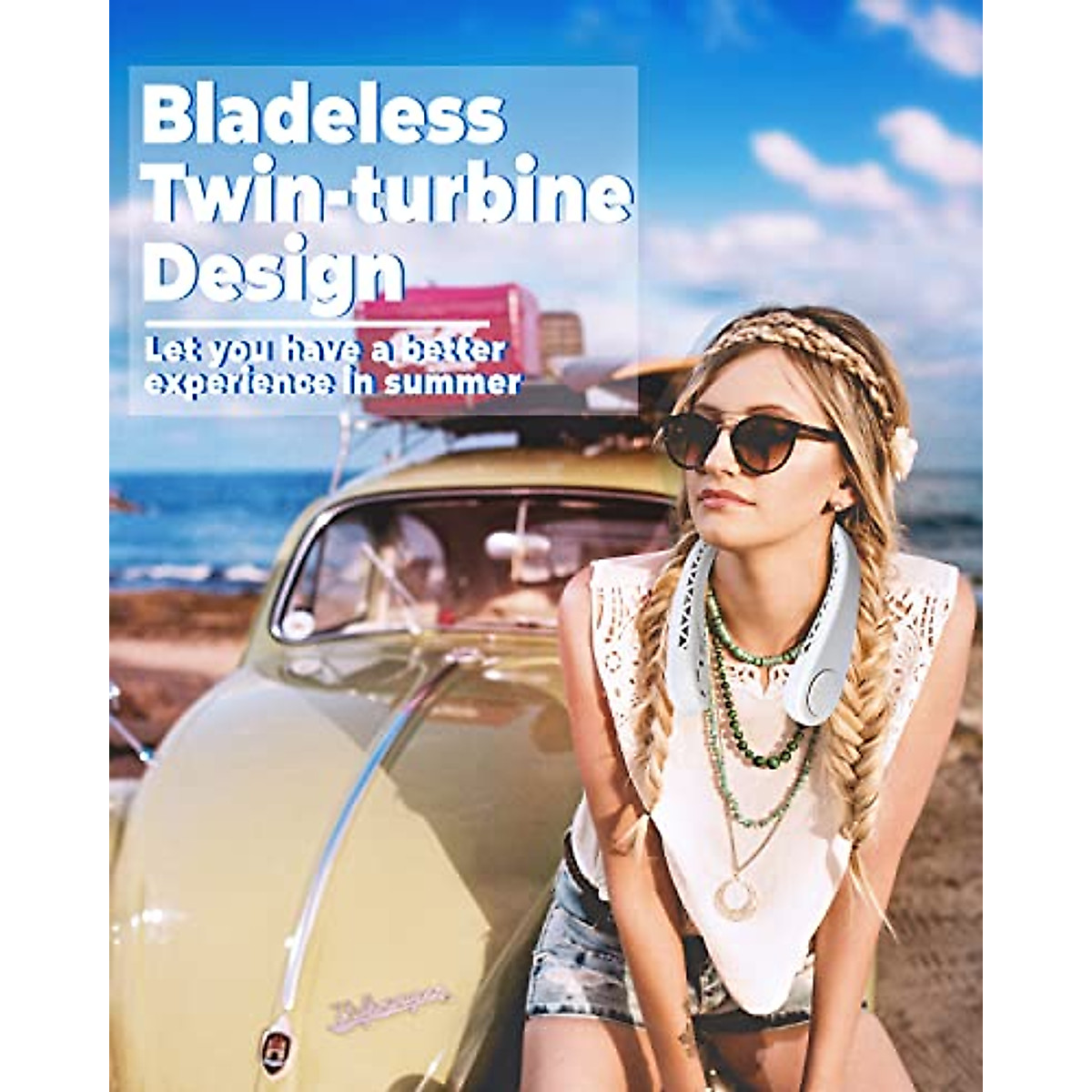 Neck Fan, Portable Bladeless Personal Fans Rechargeable , Small Hands Free Hanging Cooling USB Fan, 3 speeds wind, Free Adjustment Width, Wearable for Weeding Camping Sports Travel Outdoor. (white)