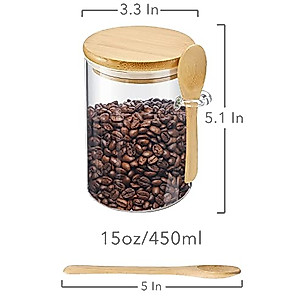 KOIKEY Sugar Jar Glass Salt Container - 15oz Clear Airtight Caning with Bamboo Lid and Spoon Scoop, Storage Overnight Oats, Salts, Coffee Bean, Spice, Creamer, Food Organizer, Pack of 1