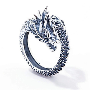 3D Ouroboros Ring 925 Sterling Silver Snake Serpent Thai Dragon Tribal Eating Tail Mayan Cobra Stainless Diamond Leviathan Poseidon Coiled Dragon Sea Beach GOT Chrome Carbon (ouroboros) (S925)