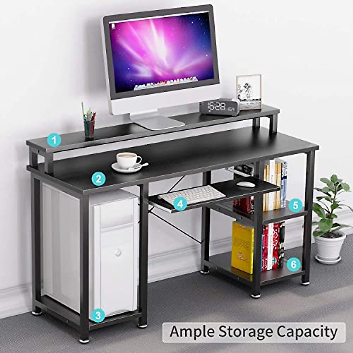 NOBLEWELL Computer Desk with Monitor Stand Storage Shelves Keyboard Tray，47" Studying Writing Table for Home Office (Black)