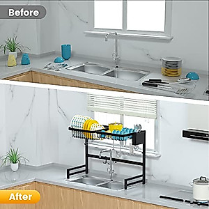 MERRYBOX Over The Sink Dish Drying Rack, SS65-03 Adjustable Length (25.6-33.5in) and Height Over Sink Dish Rack, Dish Drainer with Dishware Holder & Hooks for Kitchen Sink Organizer Space Saver