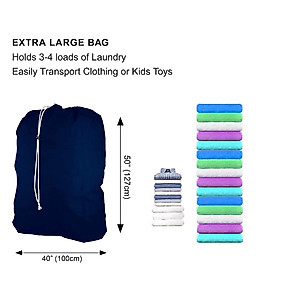 Super Extra Large Heavy Duty 100% Nylon Laundry Storage Bag, H U G E size: L 40" x H 50", Family size Bag with Locking Closure Drawstring, Machine Washable, XXL Organizer Bag. Made in USA (NAVY BLUE)
