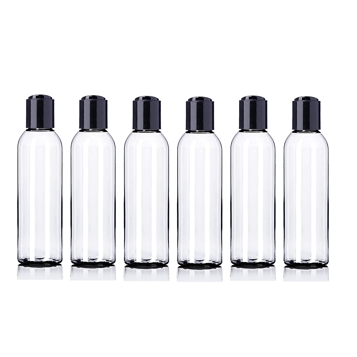 ljdeals 4 oz Clear Plastic Empty Bottles with Black Disc Top Caps, Squeezable Refillable Containers for Shampoo, Lotions, Cream and more Pack of 6, BPA Free, Made in USA