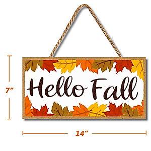 Hello Fall Sign Wall Decor 14" Autumn Harvest Thanksgiving Maple Leaf Sign Rustic Hanging Decorations in Home Art for Front Porch Door Plaque