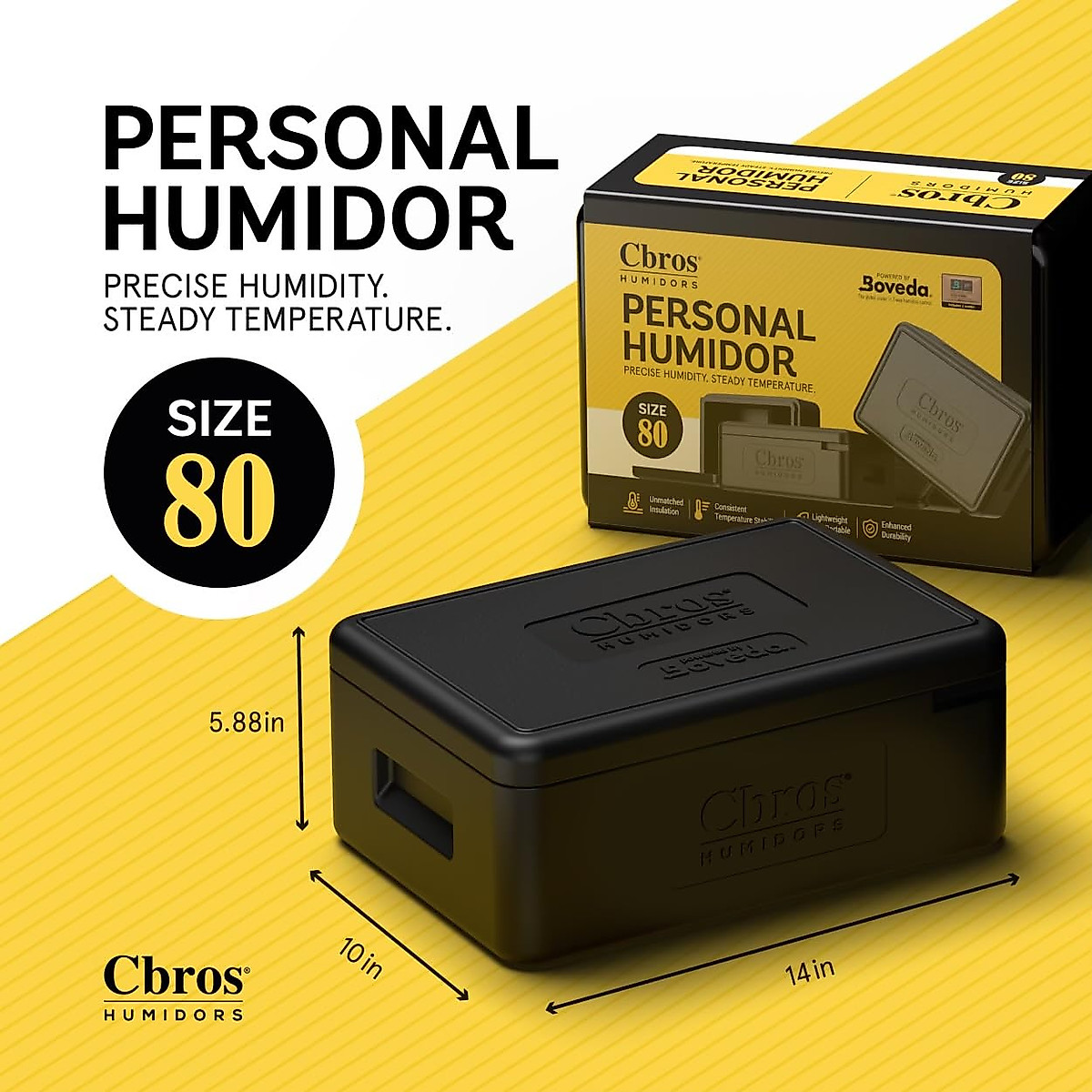 Cbros Humidor 69% Two- Way Humidity Control Box Powered by Boveda, Moisture Absorber, Maintain Freshness and Consistent Temperature Size (Size 80)