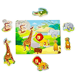 Wooden Peg Baby Puzzles, Full-Color Pictures Animal Shape Chunky Puzzle, Jumbo Knob Zoo Puzzle for Toddlers 18 Months and Up, 6Pieces