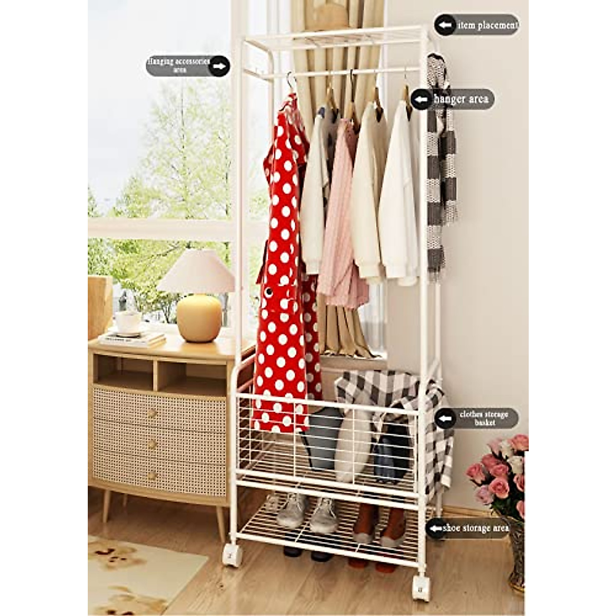 Wire Commercial Rolling Laundry Cart with hanger 2.5 Bushel Wire Laundry Basket with Wheels easy moved garment rack with basket for organize