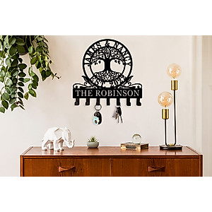 efcustomgifts Personalized Metal Key Holder, Tree of Life Design, 10 Hooks, Heavy Duty, Rust Resistant, Wall Mount, Front Door, Housewarming Gift