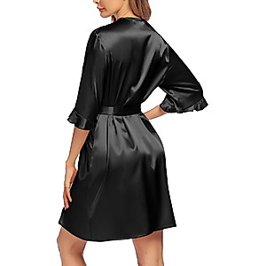 Ekouaer Women's Satin Robe Valentines Lingerie for Women Kimono Bathrobe 3/4 Sleeve Ruffle Belted Robes Bridesmaids