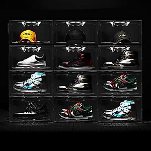 Boshen 1 Pack LED Shoe Display Cases with Voice Control Stackable Extra Large Sneaker Storage Box Magnetic Drop Side Shoe Collection Organizer for Mens 13.5 & Womens 14