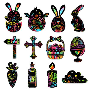 WhatSign Easter Crafts for Kids 24Pcs Magic Color Easter Scratch Art Easter Egg Bunny Ornament Decoration DIY Easter Craft Kits for Kids Classroom Easter Party Favors Supplies