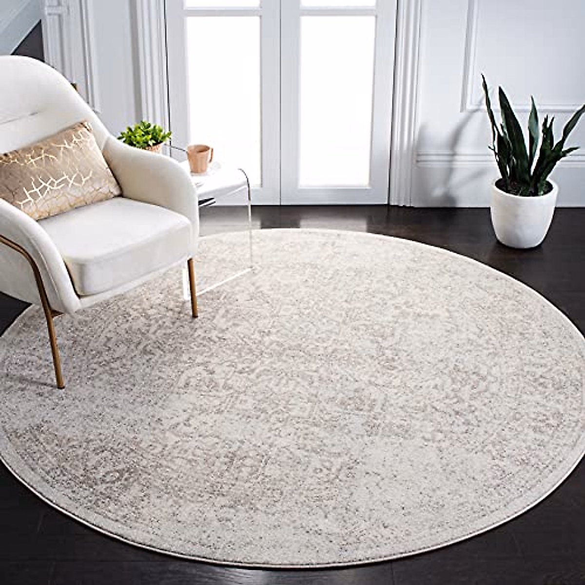 SAFAVIEH Evoke Collection 6'7" Round Ivory / Taupe EVK256E Oriental Distressed Non-Shedding Dining Room Entryway Foyer Living Room Bedroom Area Rug