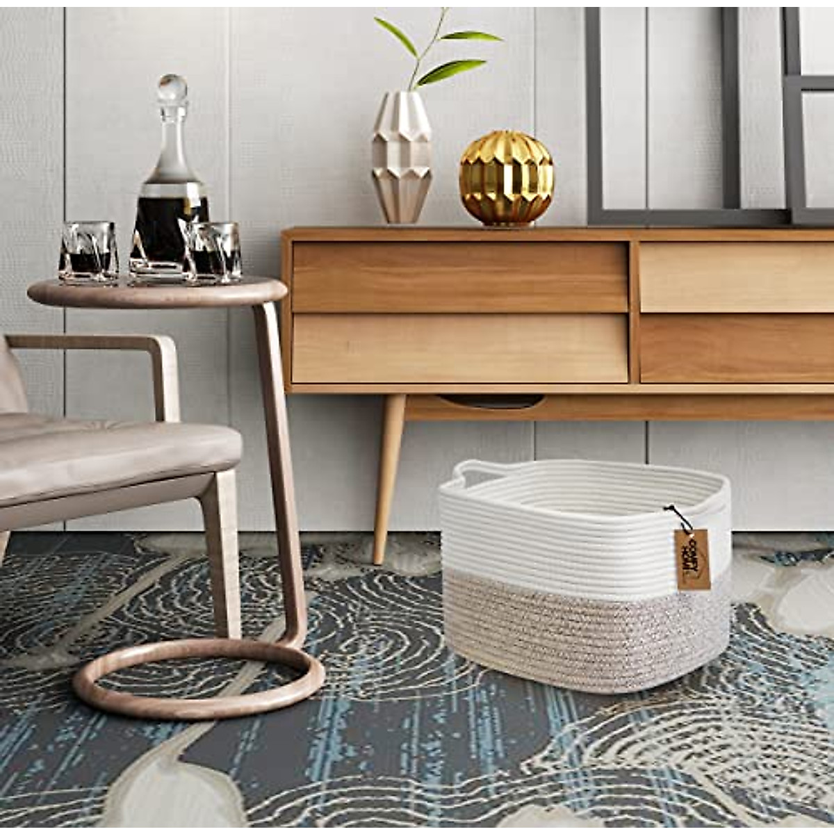 COMFY-HOMI 13.5"x11"x 9.5" Square Cotton Rope Woven Basket with Handle Laundry Storage Bin (Set of 2) Brown and Light Grey