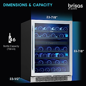 Zephyr Brisas 24 Inch Wine Fridge Dual Zone Under Counter - Low Noise Countertop Wine Cooler Cellars Cabinet Home Bar Freestanding Wine Refrigerator with Glass Door and Temp Control, 46 Bottles