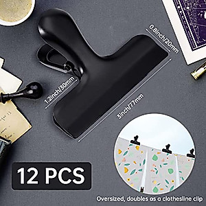 12 Pack Stainless Steel Chip Bag Clips,Chip Clips 3 Inch Wide,Metal Food Bag Clips Heavy Duty,Round Edge Air Tight Seal Grips on Coffee Food Bread Bags,Food Clips for Office Kitchen Home Usage (Black)