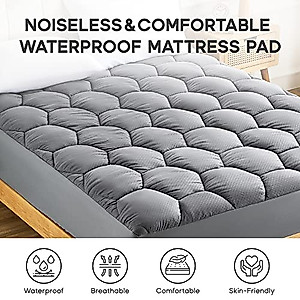 SONIVE Waterproof Mattress Pad Ultra Fluffy Soft Breathable Noiseless Quilted Fitted Mattress Protector Premuim Alternative Filling Topper Deep Pocket up to 21'' （Grey, Queen）