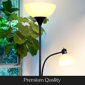 Brightech Sky Dome Plus LED Floor lamp, Torchiere Super Bright Floor Lamp with Reading Lamp for Living Rooms & Offices - Dimmable Tall Standing Lamp for Bedroom Reading - Black